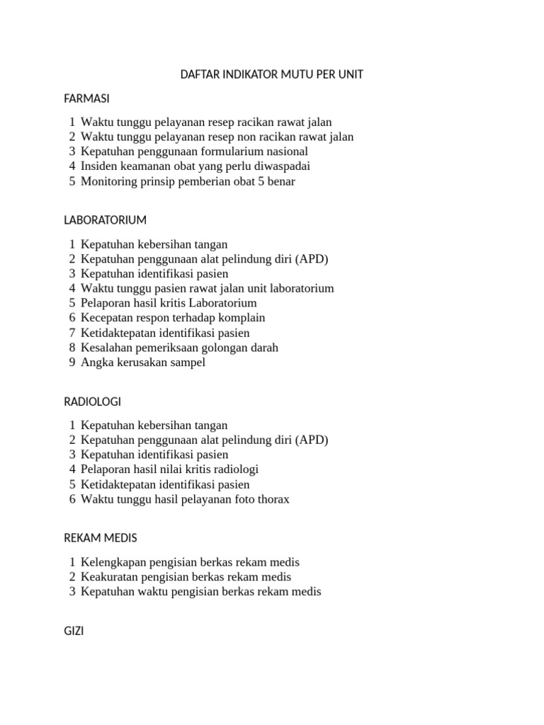 Daftar Indikator Mutu Per Unit | PDF