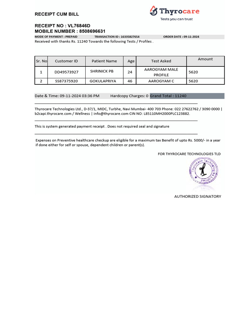 Thyrocare Payment Receipt for Tests | PDF