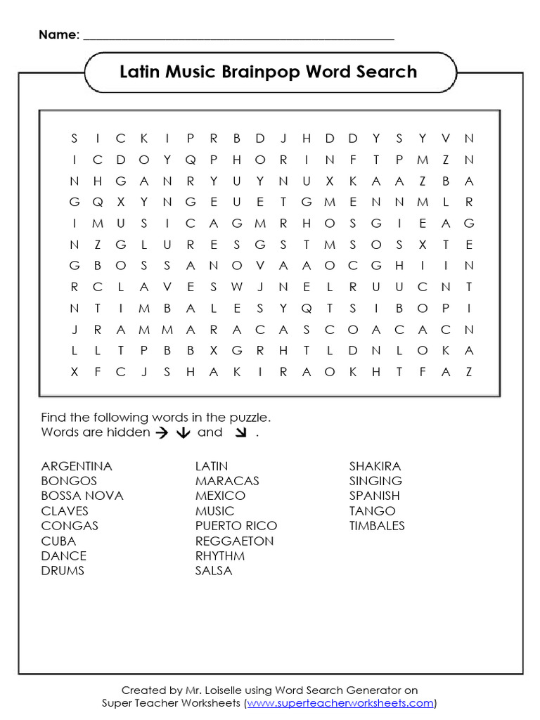 Latin Music Wordsearch (Brainpop) | PDF | Latin American Music ...