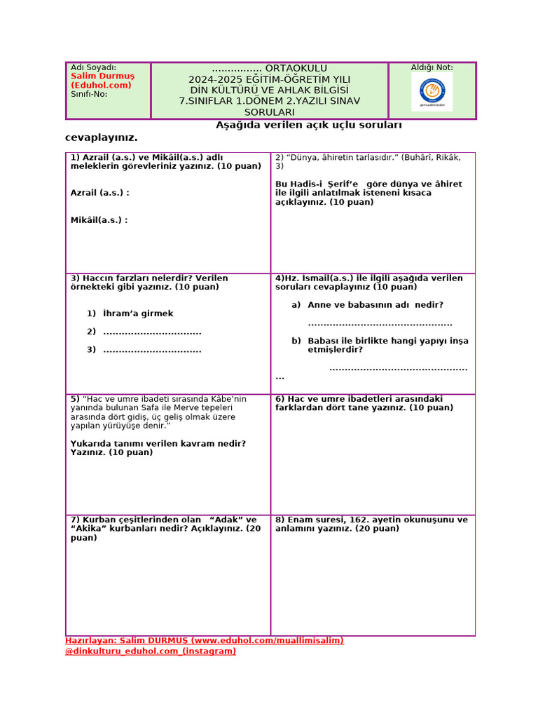 Sınıf-Dkab-1-Donem-2-Yazili-Soru-Ve-Cevaplari-Salim-Durmus | PDF