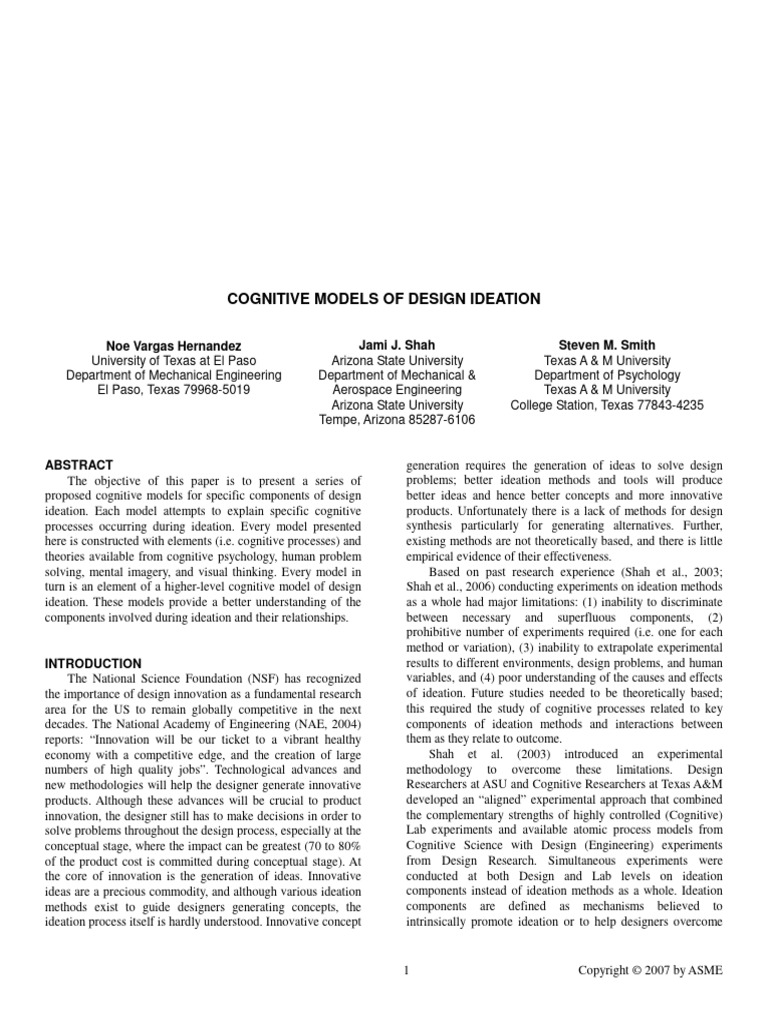 Vargas Hernandez, N., Shah, J. J., & Smith, S. M. (2007). Cognitive Models of Design Ideation ...