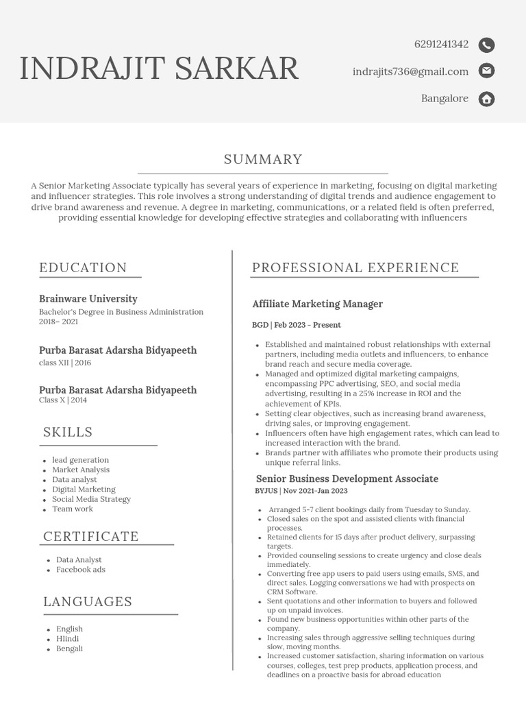 Senior Marketing Associate Profile | PDF | Digital Marketing | Sales