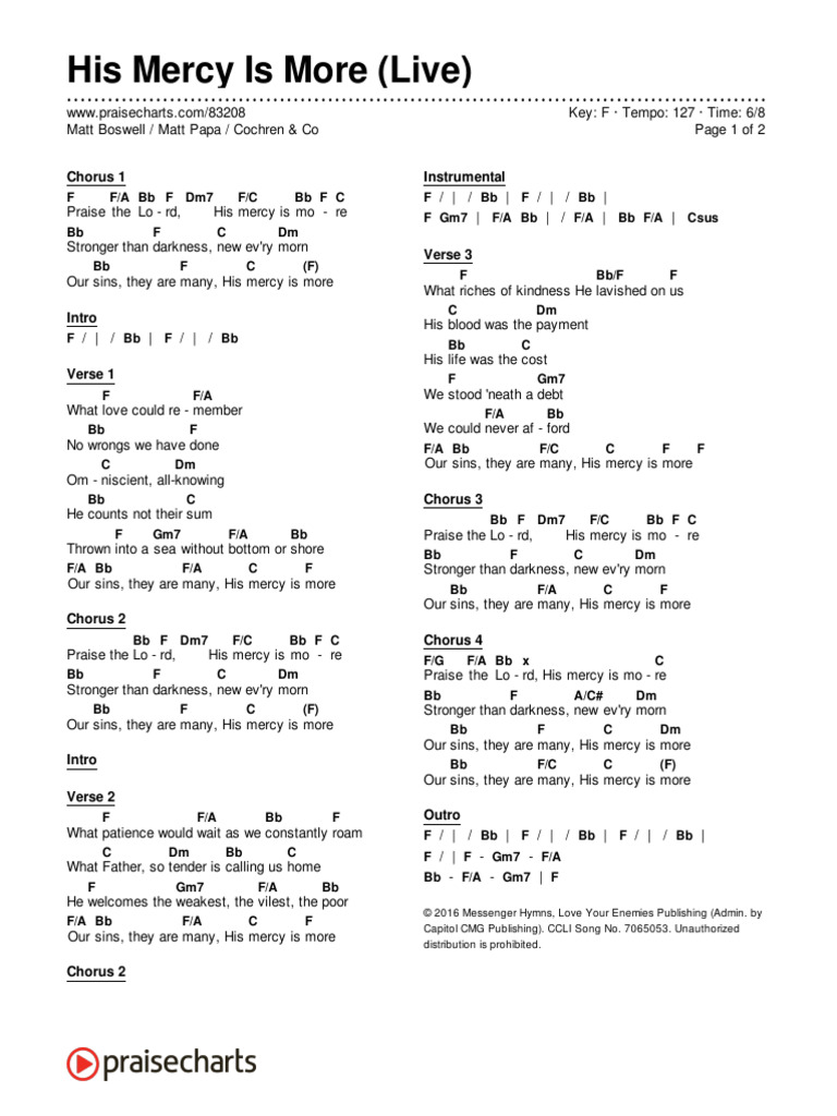 His Mercy Is More (Live) (Matt Papa Ma... ) Chord Chart - F - 2 Column ...