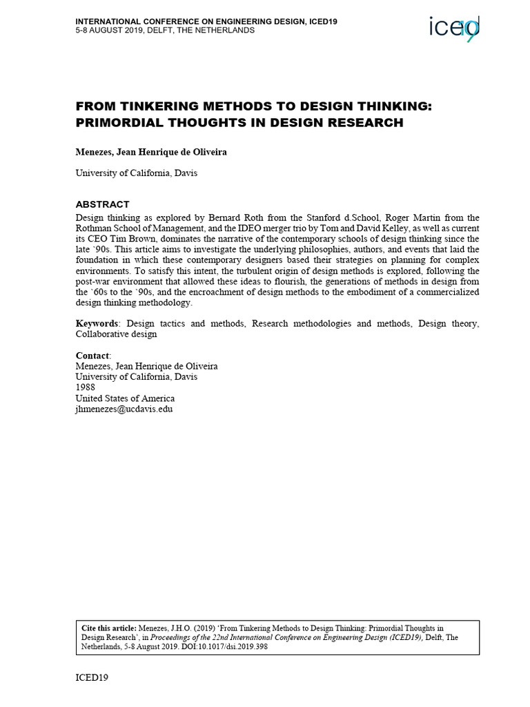 FROM TINKERING METHODS TO DESIGN THINKING. Primordial Thoughts in ...