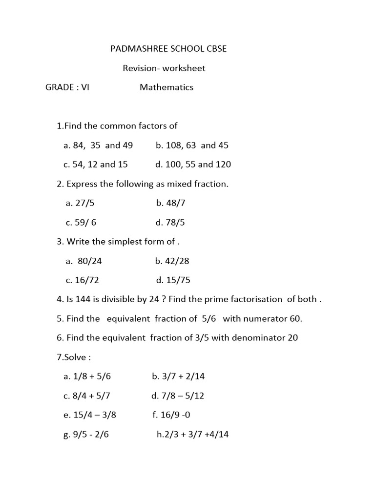 Grade 6 Math PA3 Revision Worksheet (1) | PDF