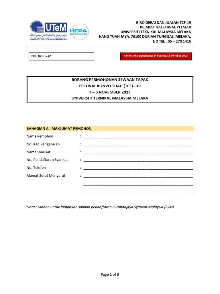 BORANG GERAI PESTA KONVO TCF 19 | PDF