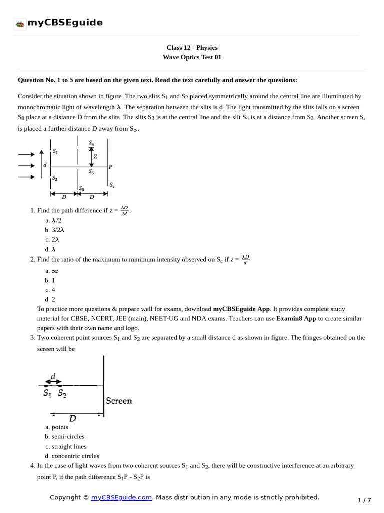 12 Physics Waveoptics tp01 | PDF | Diffraction | Coherence (Physics)