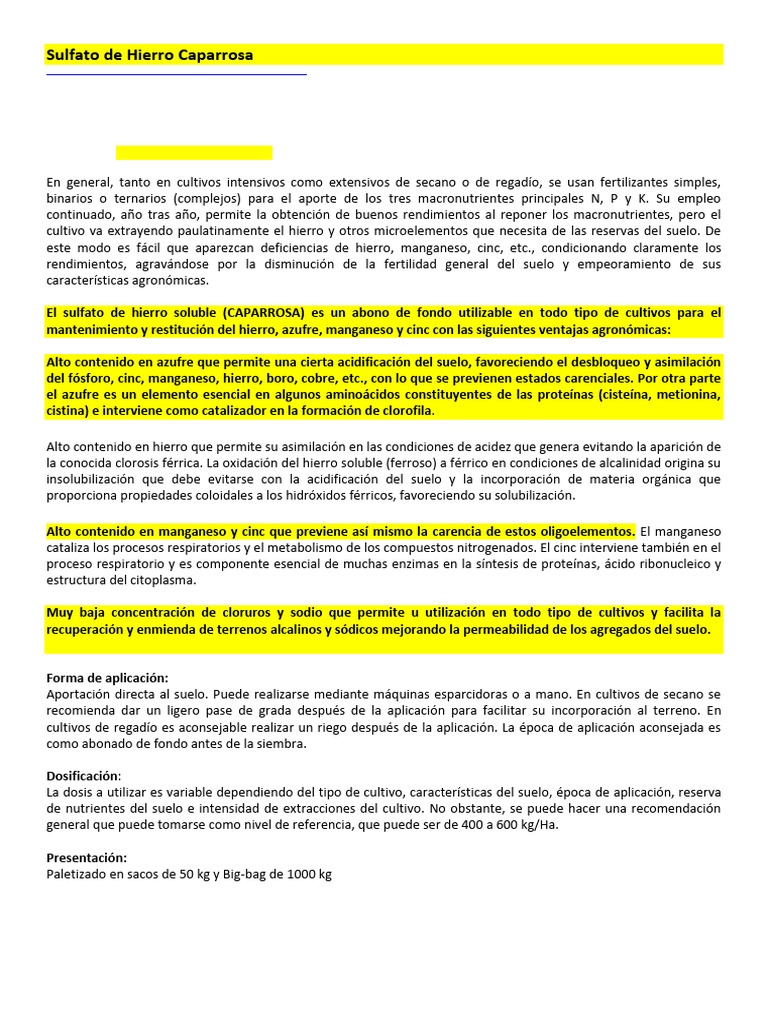 Sulfato de Hierro Caparrosa | PDF | Fertilizante | Hierro