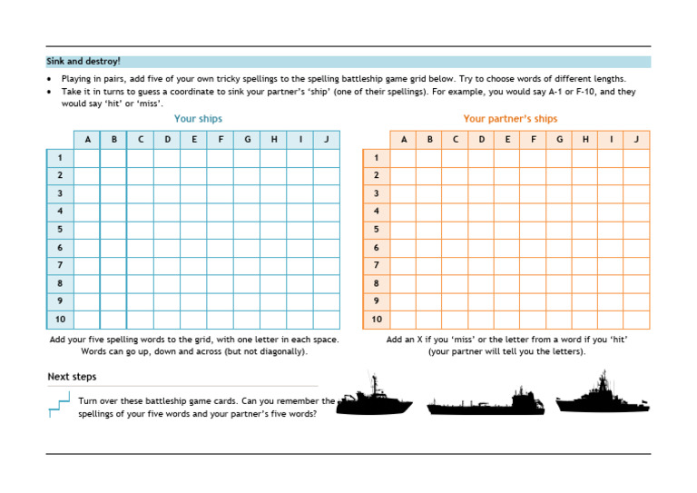 Spelling Battleships Game Teachit 111471 | PDF