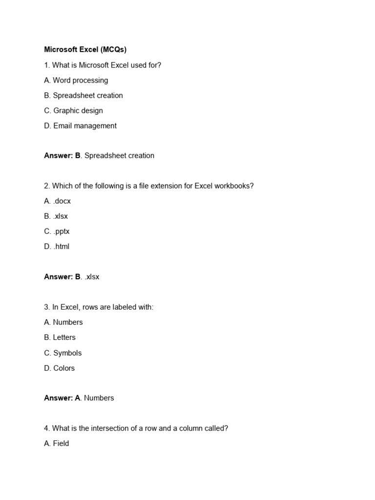 Microsoft Excel MCQs | PDF | Microsoft Excel | Spreadsheet