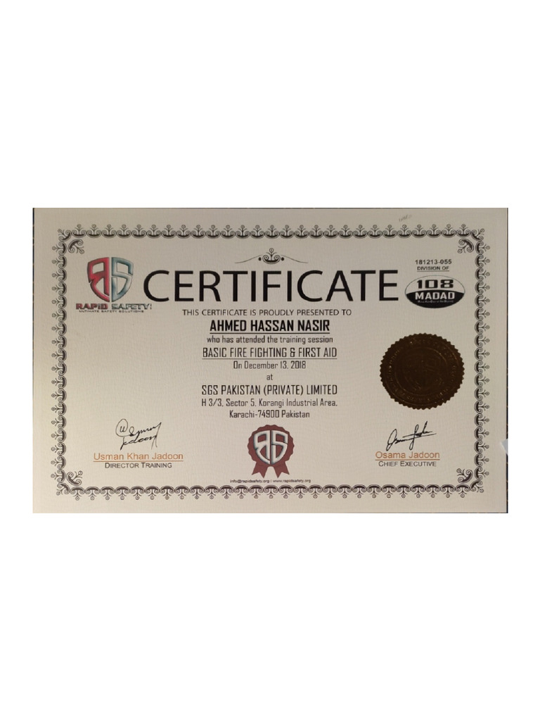 Certificate First Aid and Basic Fire Safety | PDF