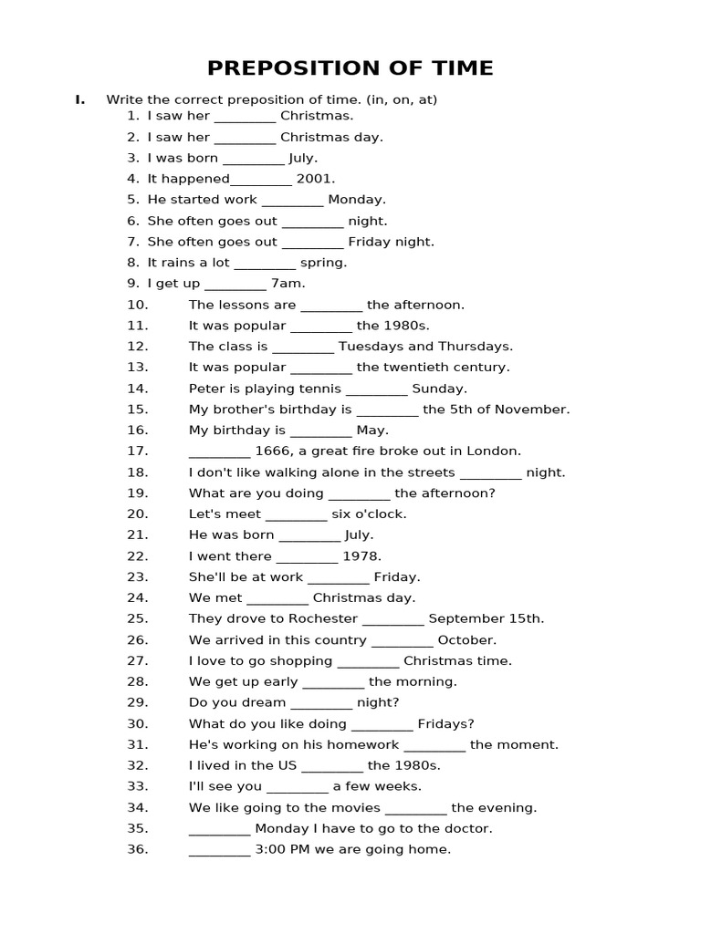 Preposition of Time | PDF | Workweek And Weekend