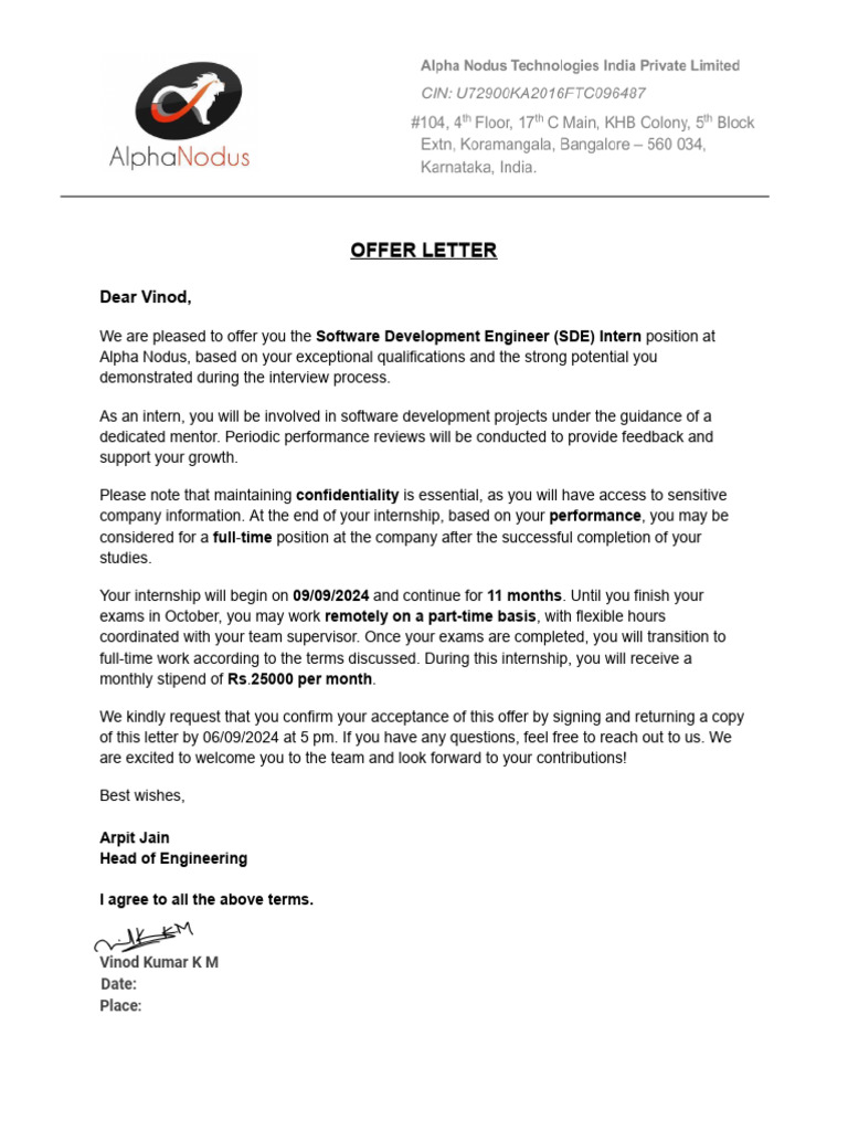 Software Development Intern Offer Letter | PDF