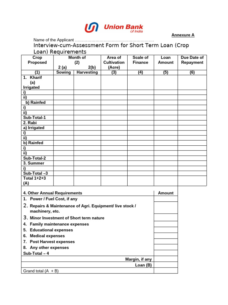 Short Term Crop Loan Application Form | PDF | Agriculture | Irrigation