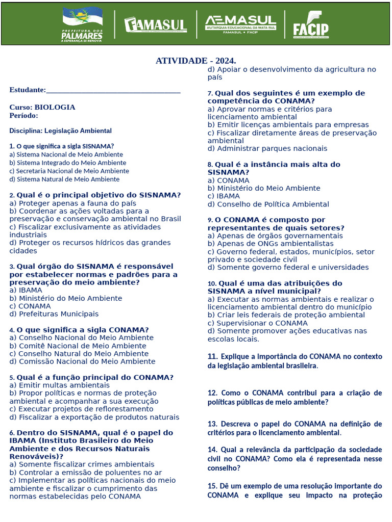 Atividade Sobre o Sisnama e Conama | PDF | Ambiente natural | Direito ...