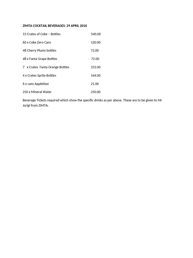 ZIMTA Cocktail Beverage Order Details | PDF