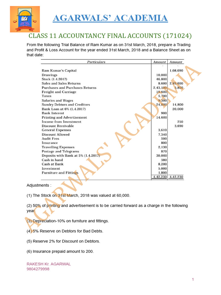 Isc Class 11 Accountancy Final Accounts With Adjustments WS 2 | PDF ...