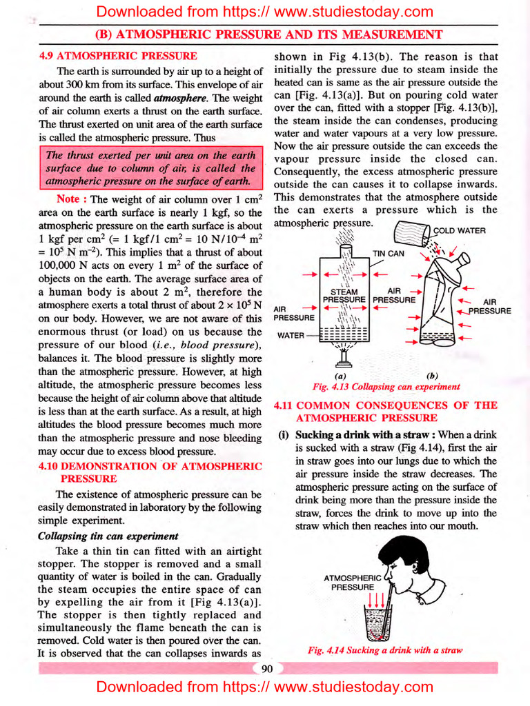 ICSE Class 9 Physics Chapter 04 Pressure in Fluids and Atmospheric Pressure | PDF