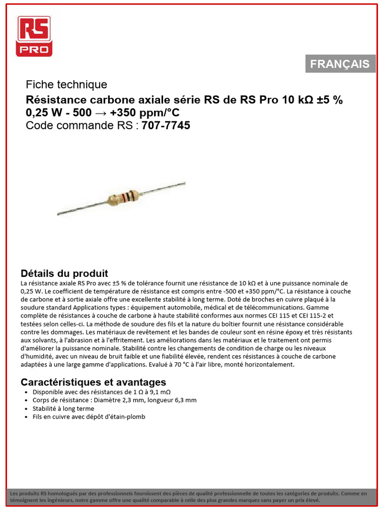 Résistance carbone axiale RS Pro 10 kΩ | PDF | Résistance (composant)