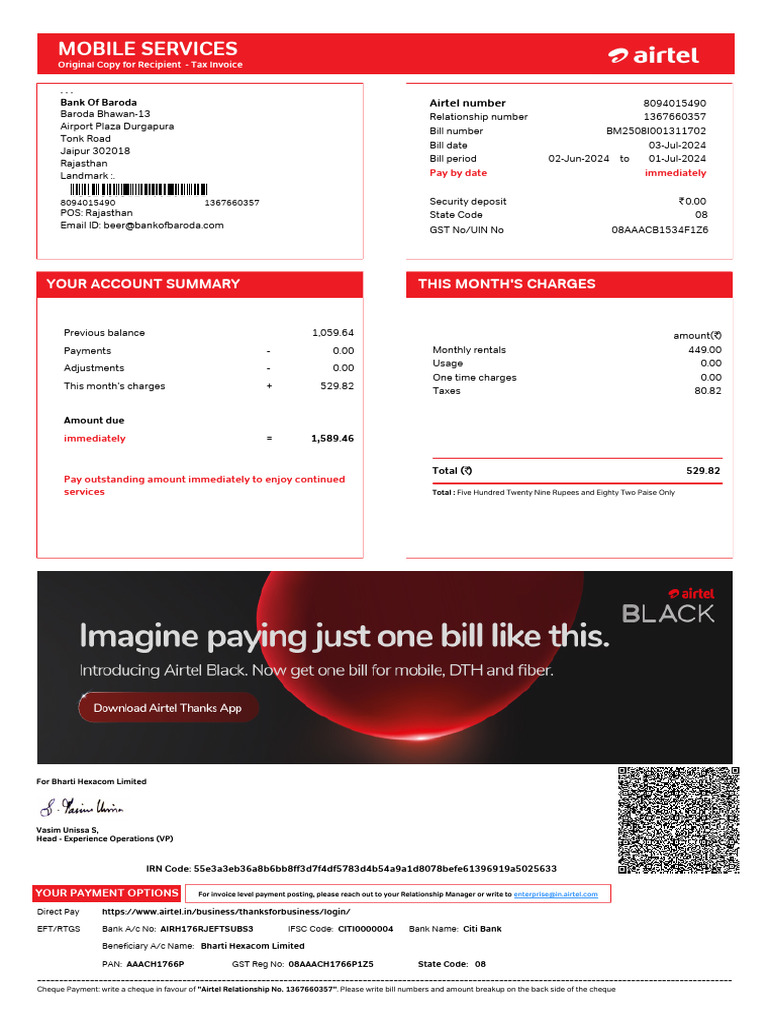 Airtel Mobile Service Tax Invoice | PDF | Cheque | Payments