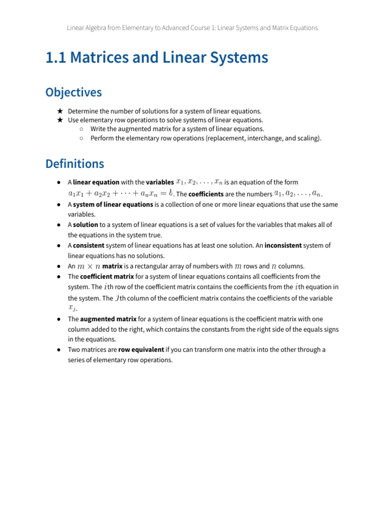 1.1 Matrices and Linear Systems (1) | PDF | System Of Linear Equations | Matrix (Mathematics)