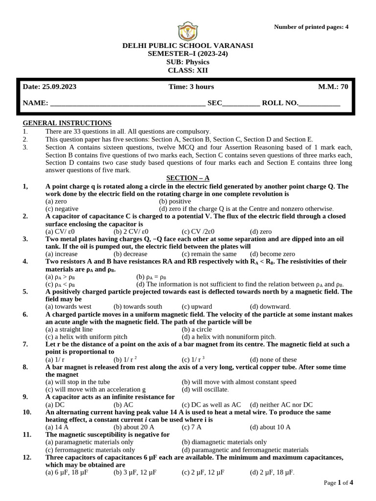 Xii-physics (Sa1) f | PDF | Capacitor | Inductor
