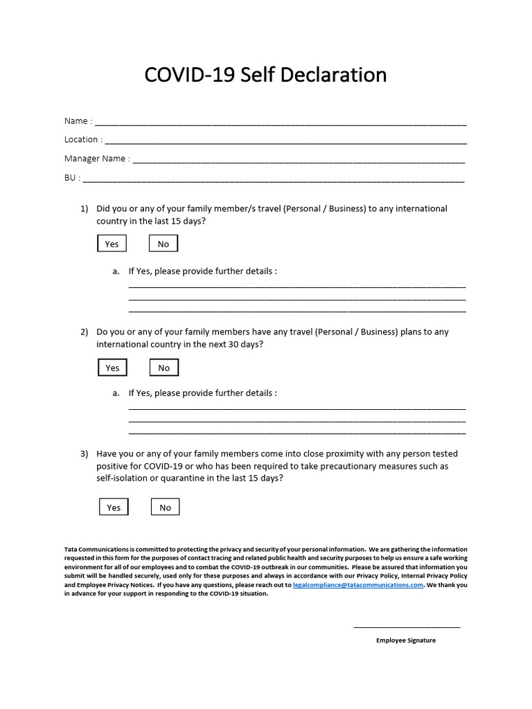 COVID-19 Employee Self Declaration_Hard Copy Version | PDF | Global ...