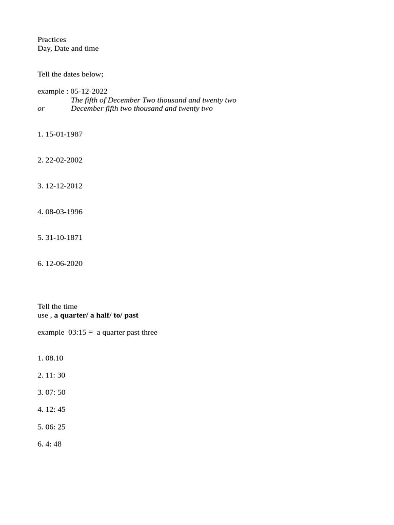 Date and Time Practice Exercises | PDF