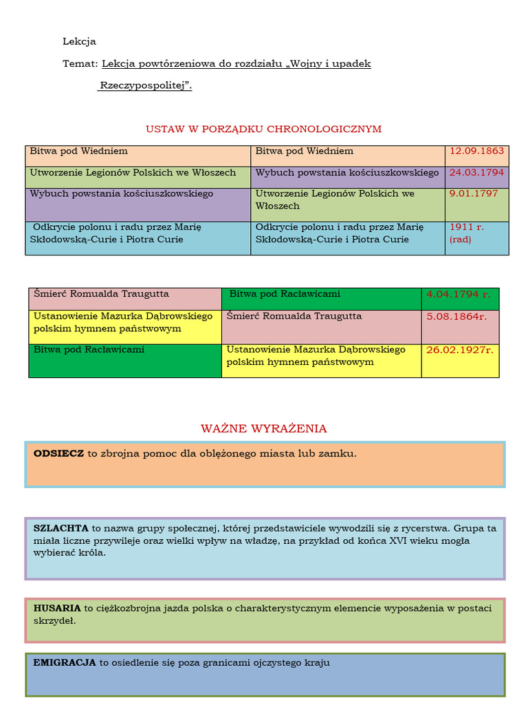 Lekcja Powtorzeniowa Do Rozdzialu Wojny I Upadek Rzeczypospolitej. Klasa 4 | PDF