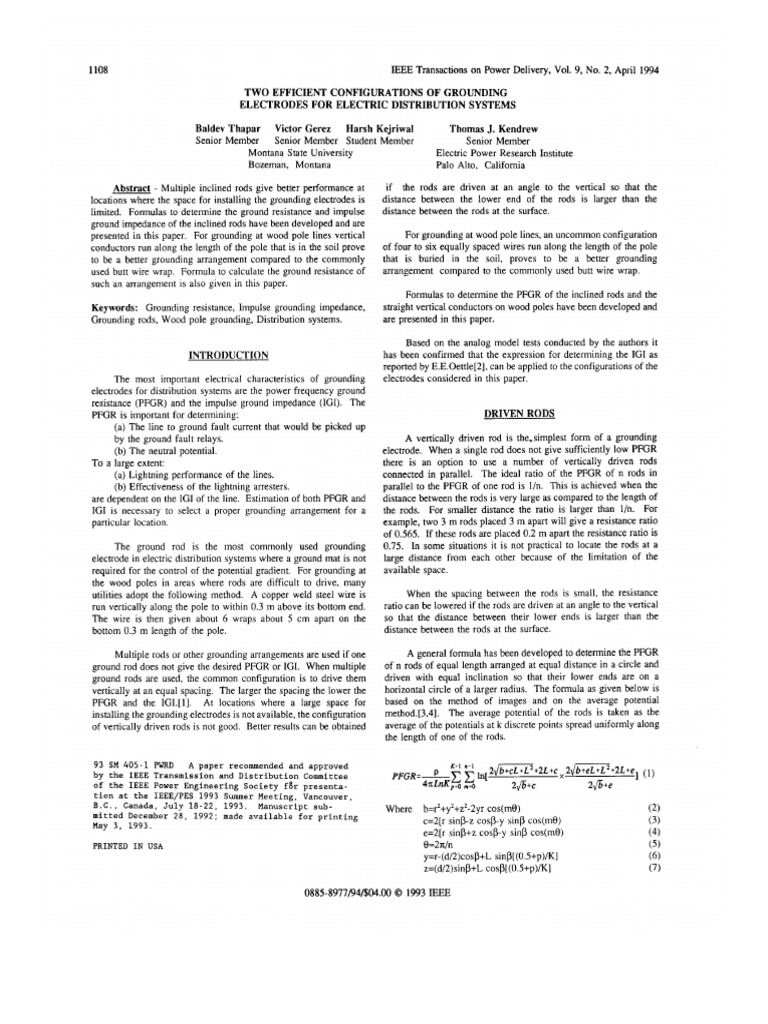 Two Efficient Configurations of Grounding Electrodes for Ele | PDF