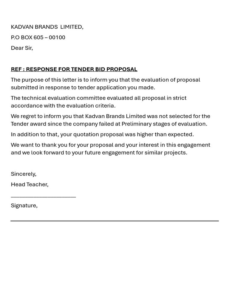 Tender Regret Letter - Kadvan Brands | PDF