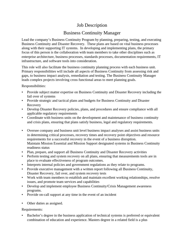 Form 7-2 Business Continuity Manager Job Description | PDF | Disaster ...