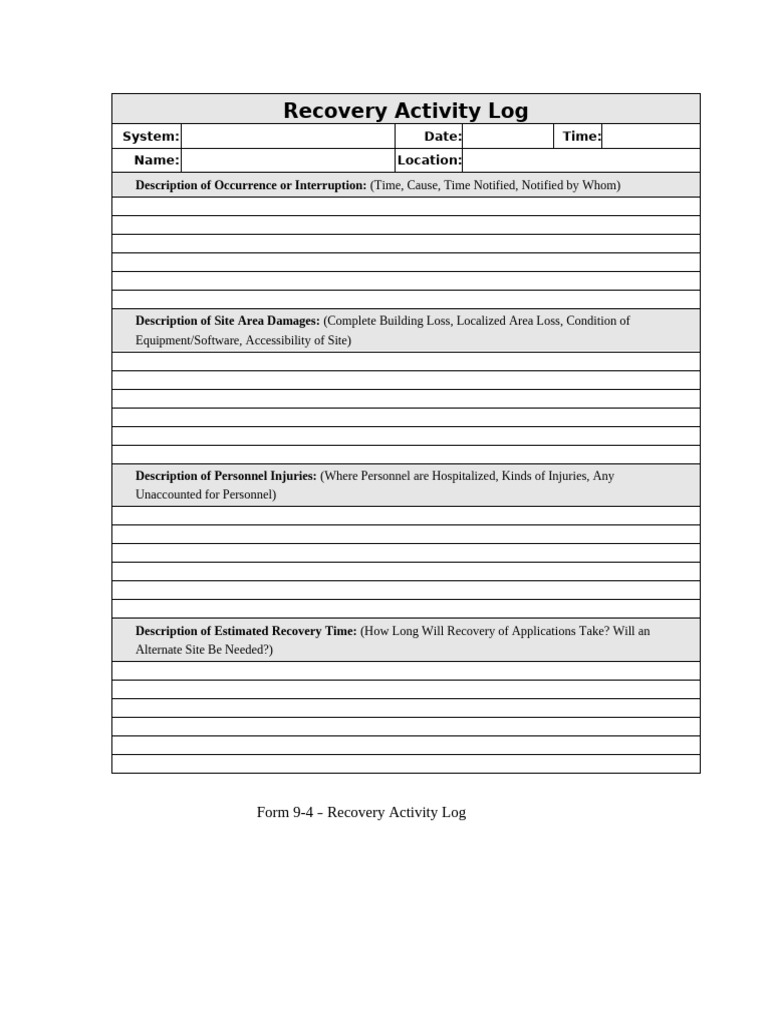 Form 9-4 Recovery Activity Log | PDF