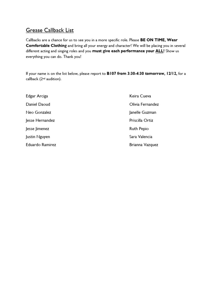 Grease Callback List | PDF