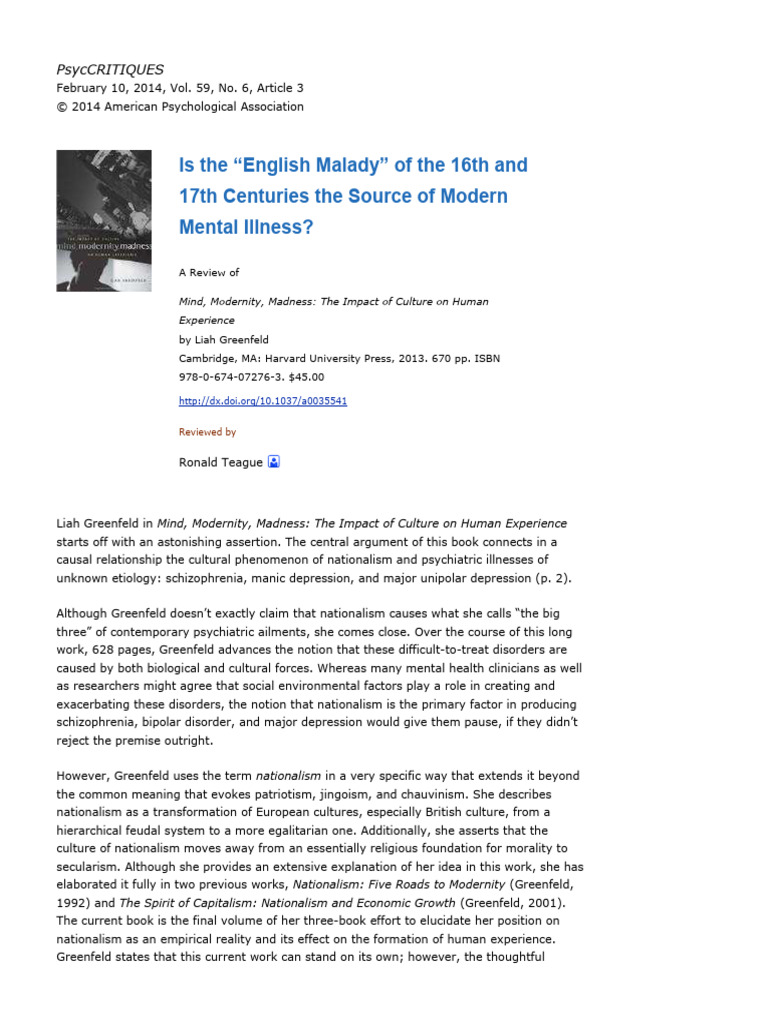 Is The English Malady of The 16th and 17 | PDF | Mental Disorder ...