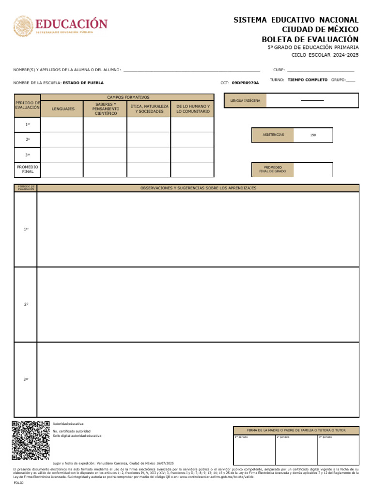 Boleta de Evaluación 5° Grado 2024-2025 | PDF