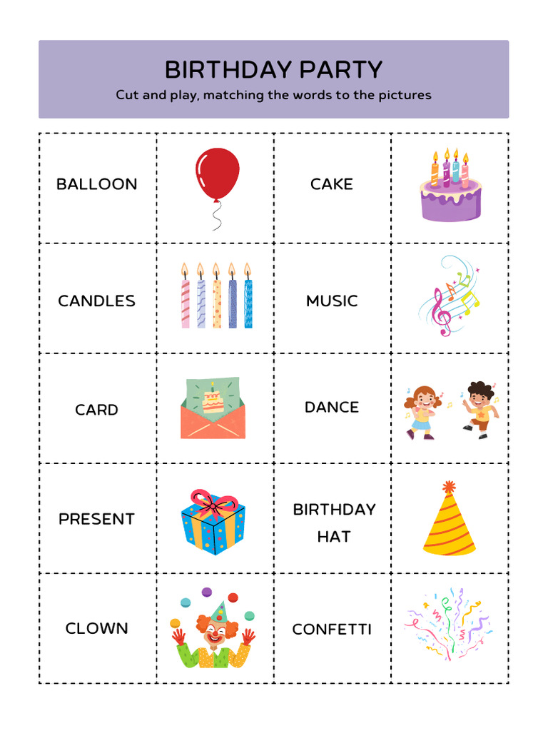 Birthday Party Memory Game Worksheet | PDF