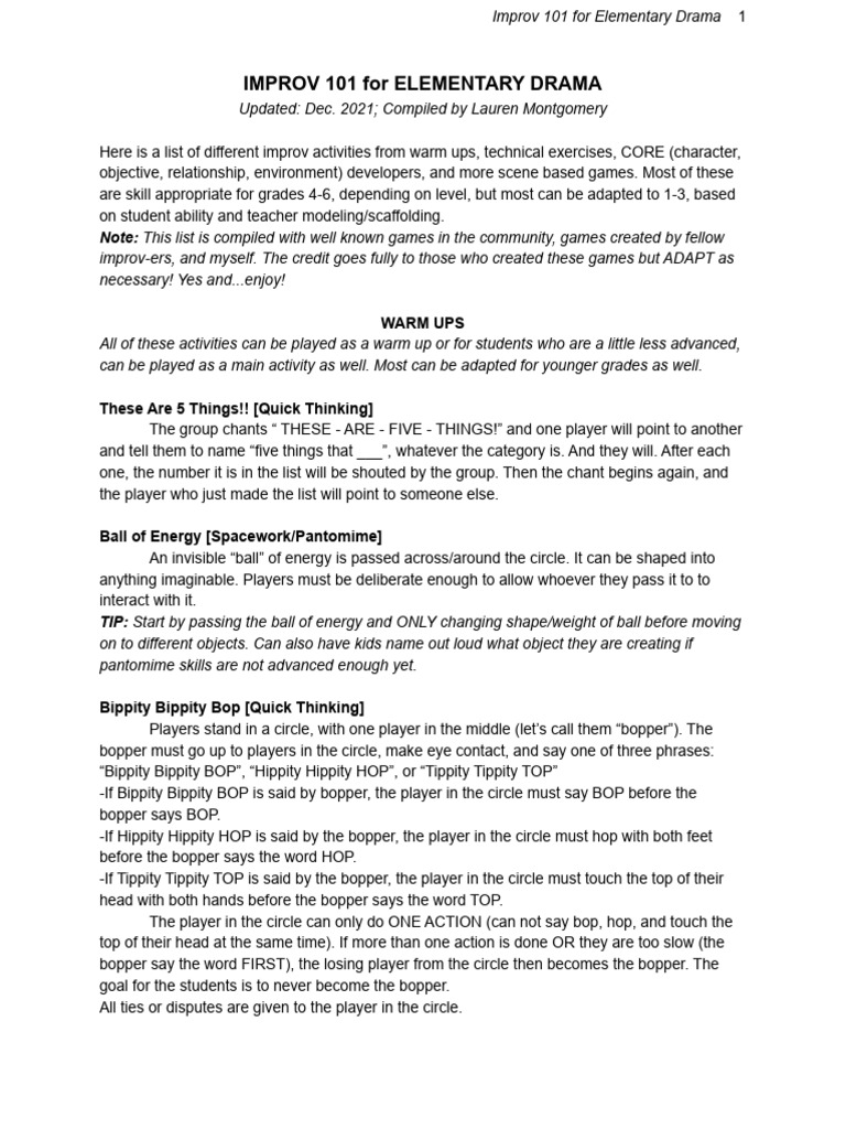 IMPROV 101 for ELEMENTARY DRAMA | PDF | Thought | Improvisational Theatre