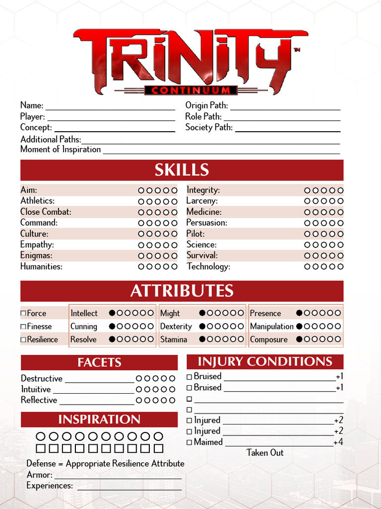 Trinity Continuum - Core - Character Sheet - Fillable | PDF