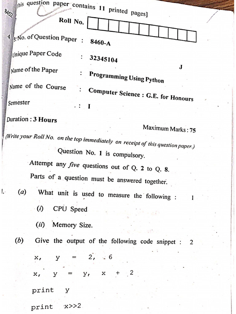 du programming using python pyq sem1 GE | PDF
