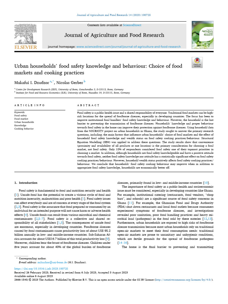 Urban Households' Food Safety Knowledge and Behaviour Choice of Food ...