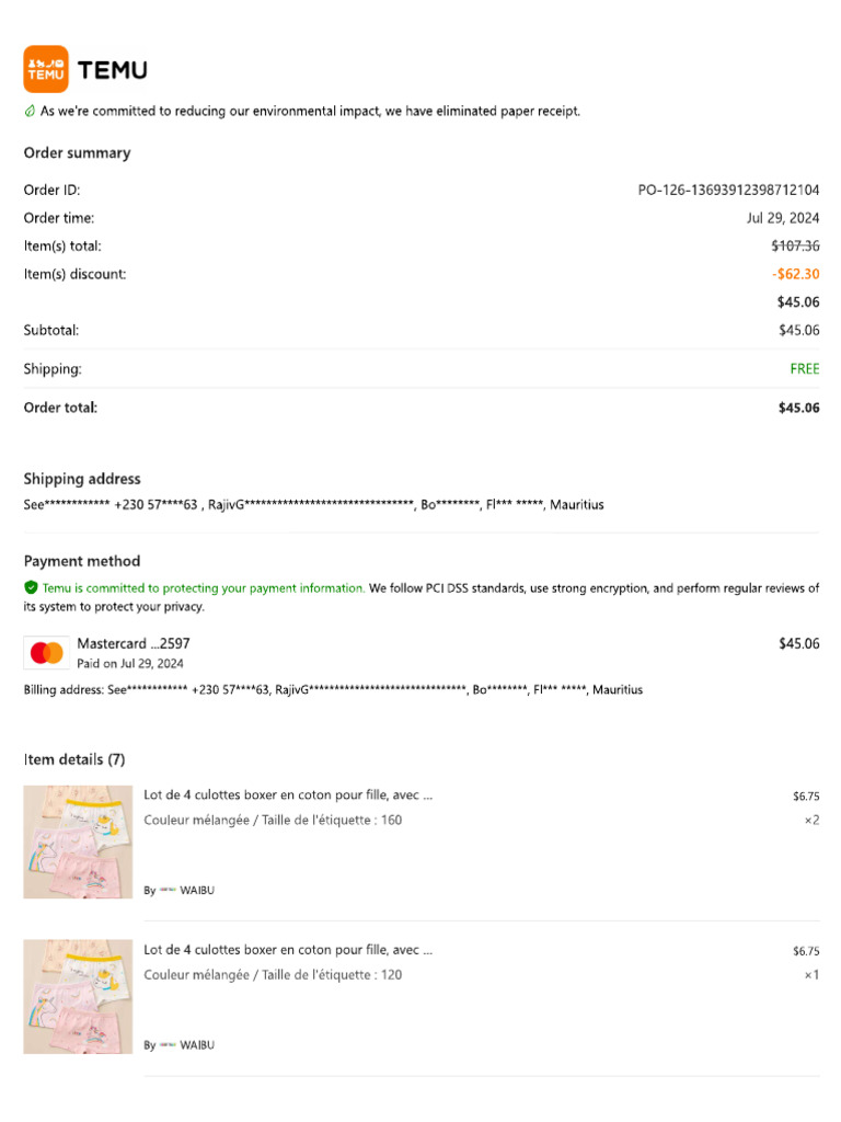 24 08 05 Temu Receipt | PDF