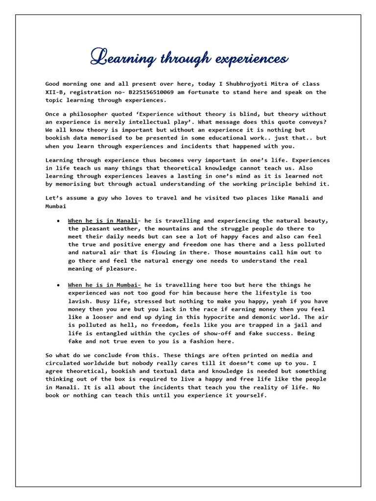 Learning Through Experiences | PDF | Experience | Theory