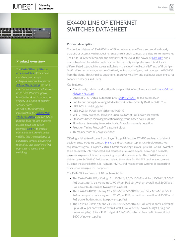 EX4400 Line of Ethernet Switches Datasheet | PDF | Computer Network ...