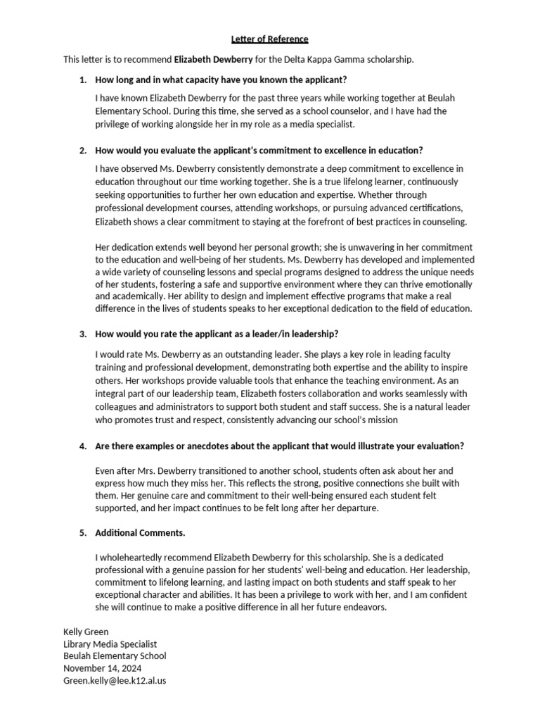 Recommendation for Elizabeth Dewberry | PDF | Leadership | School Counselor
