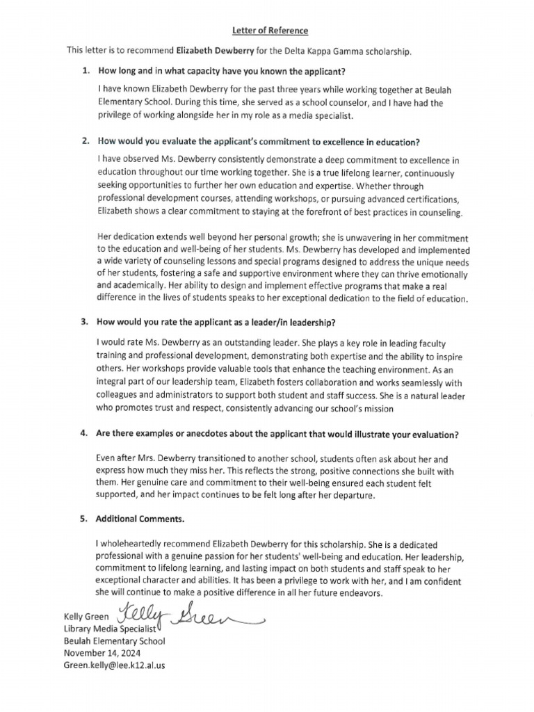 Elizabeth Dewberry Letter of Reference | PDF