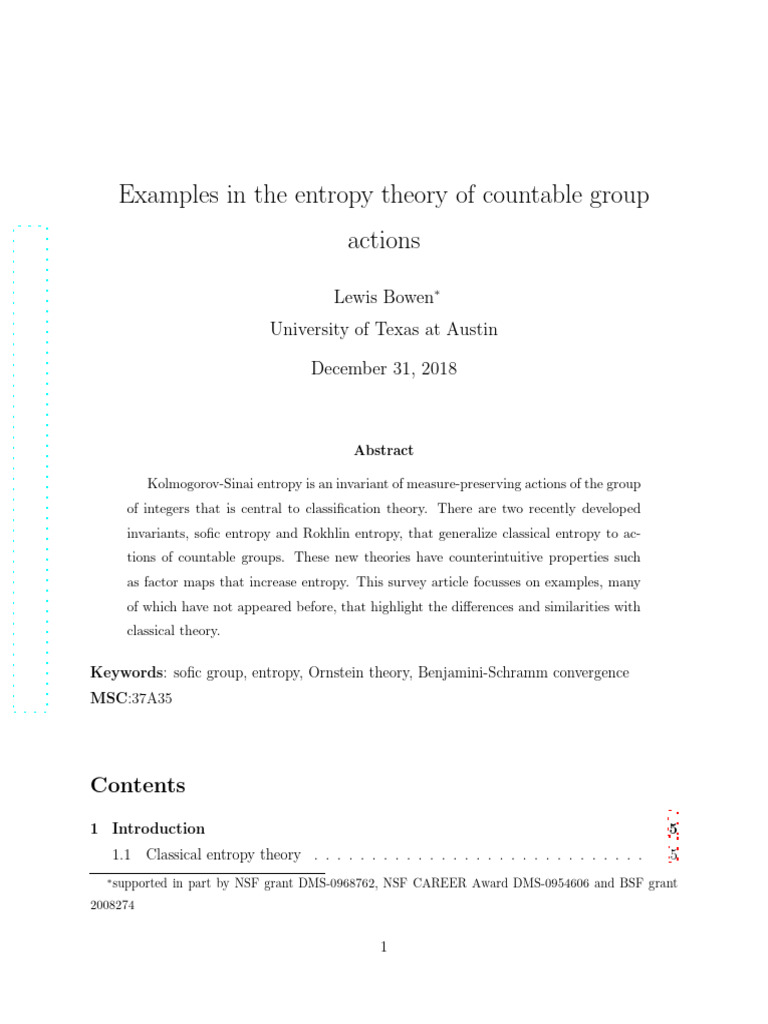 Examples in The Entropy Theory of Countable Group Actions: Lewis Bowen University of Texas at ...