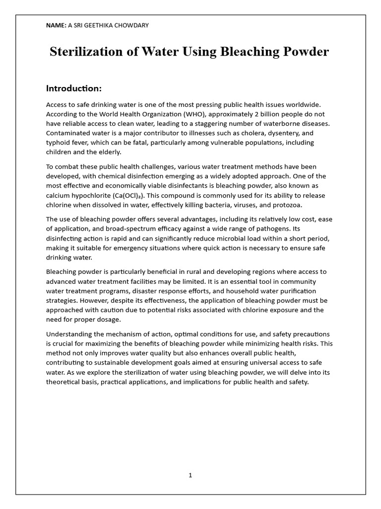 Sterilization of Water Using Bleaching Powderrr | PDF | Bleach | Water Purification