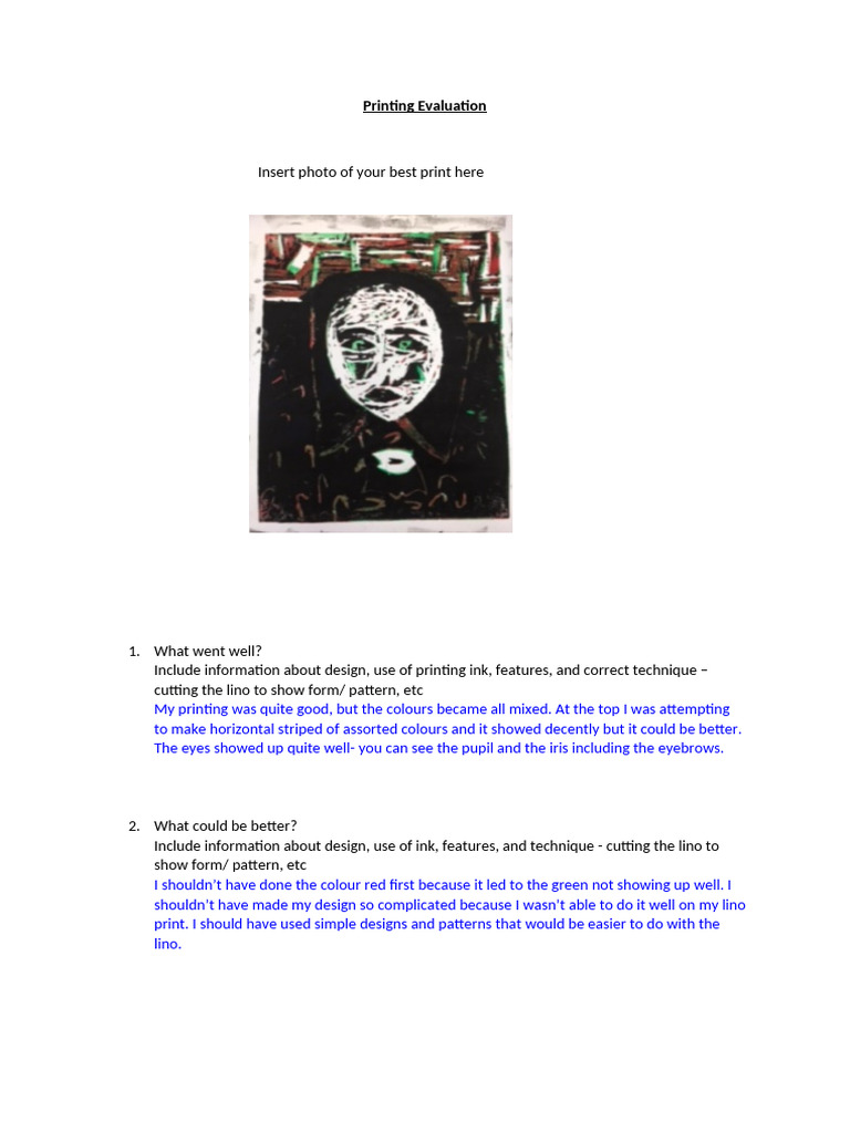 (Year 8) Art - Evauluation For Lino Print | PDF
