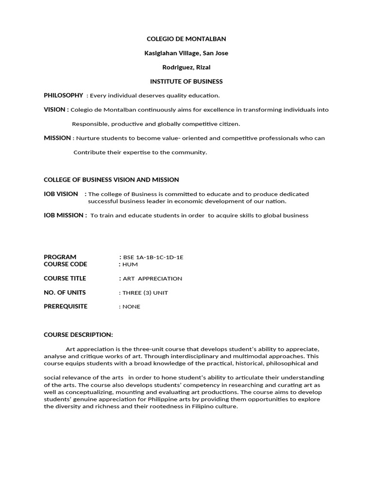 Course Syllabus Art Appreciation | PDF | The Arts | Liberal Arts Education